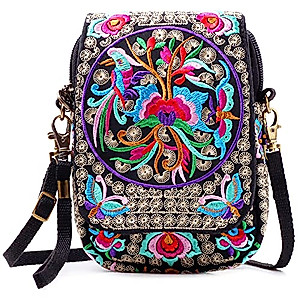 SILKAREA Embroidered Cute Small Crossbody Bag for Women Cell phone Purse Mini Handbags Wristlet Wallet Bag Coin Pouch