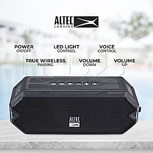 Altec Lansing HydraJolt Wireless Bluetooth Speaker, Waterproof Portable Speakers with Built in Phone Charger and Lights, Everything Proof Outdoor, Shockproof, Snowproof, 16 Hours Playtime (Black)
