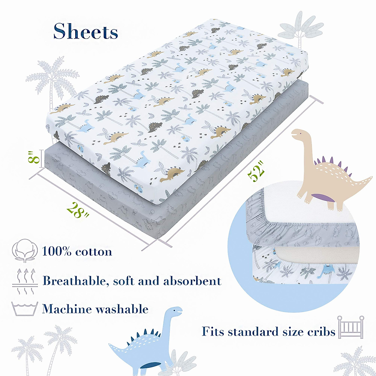 Dinosaur Crib Bedding Set for Boys, Crib Set for Boys includes - Dino Blanket, 2 Fitted Sheets, Pillowcase, Crib Skirt, Nursery Organizer - Dino Theme, Blue-White, 6 Piece boy crib bedding set