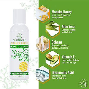 Wild Naturals Gentle Manuka Honey Face Wash - Eczema Facial Cleanser with Aloe Vera Extract, Hydrating & Soothing for Dry, Sensitive Skin - Repairs & Nourishes Irritated & Damaged Skin