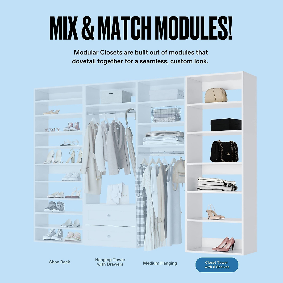 Modular Closets Vista Collection Shelf Tower Built in Wood Closet Organizer Unit (White, 19.5" Wide)