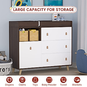 Timechee Baby Changing Table Dresser, Modern Nursery Changing Dresser Chest with 3 Drawers & 1 Shelf, Diaper Changing Pad, Storage Changing Dresser (Brown)
