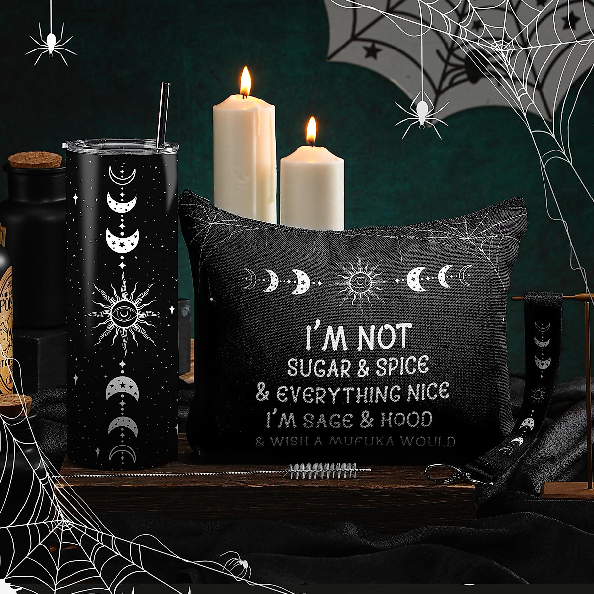Tioncy Moon Phase Witch Gifts Christmas Goth Moon Tumbler with Lid and Straw Witch Makeup Bag Moon Phase Keychain Witch Stuff for Xmas Witchcraft Women Female Friends Birthday I'm Not Sugar Spice