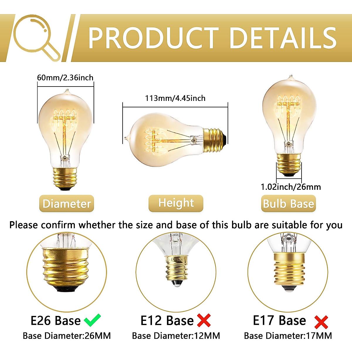 Figame A19 Edison Bulb 40W 6-Pack - Dimmable 120V Amber Glass, Antique Retro Style Old-Fashioned Incandescent Bulb, 2200K Warm Yellow Light, for Home Office Desk Lamp