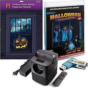 Reaper Brothers Halloween Digital Decoration Kit Includes 8 AtmosFX Video Effects for Halloween Plus HD Super Bright Projector and 48” x 72” Holographic Projection Screen