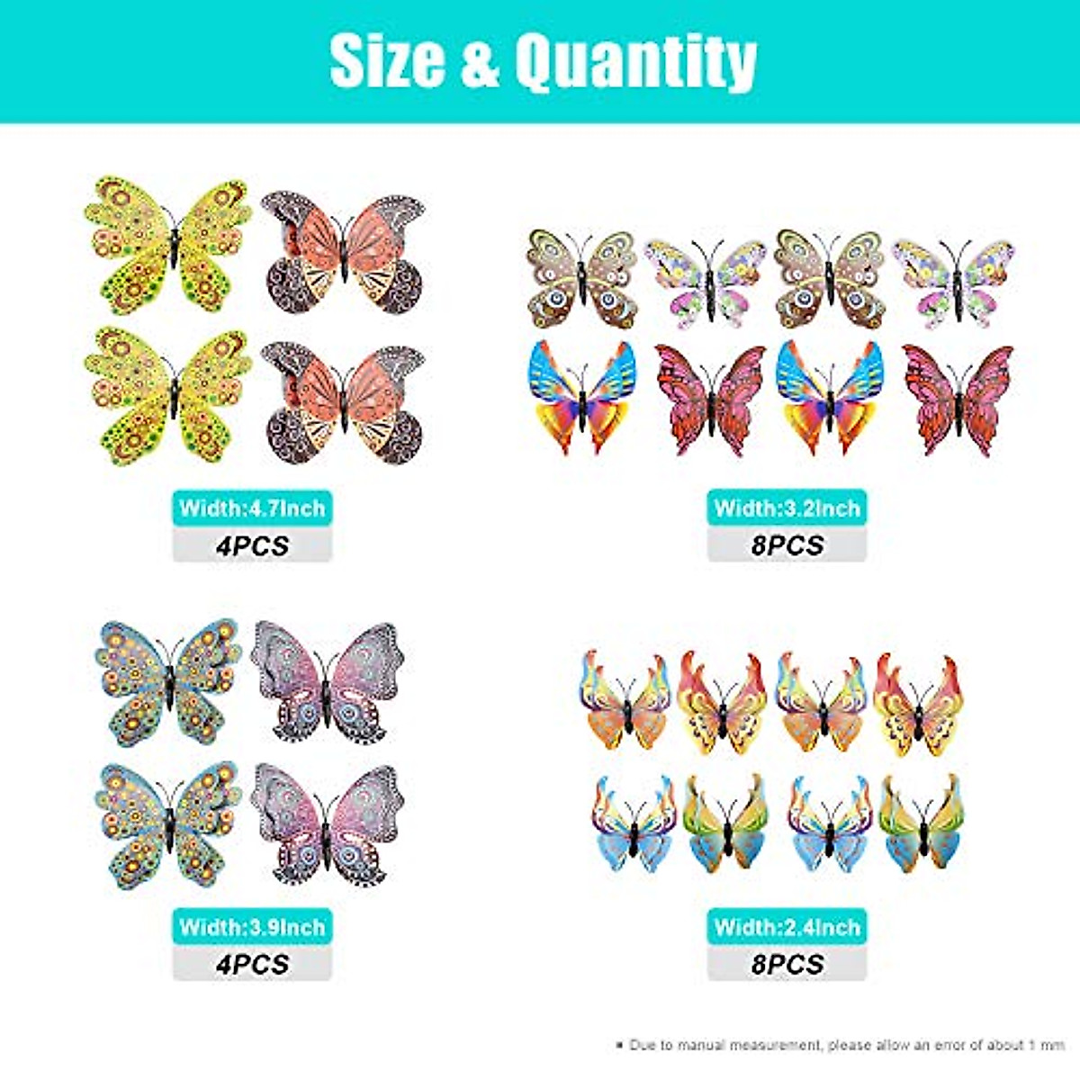 eoorau 24pcs Butterfly Wall Decals - 3D Butterflies Removable Mural Wall Stickers for Kids Home Room Bedroom Decoration