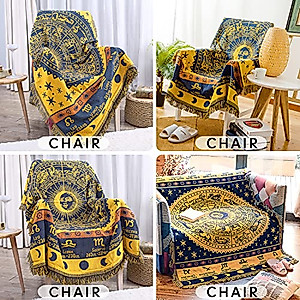 MayNest Boho Woven Throw Blanket Reversible Cotton Bohemian Tapestry Hippie Room Decor Witchy Astrology Zodiac Celestial Constellation Carpet Bed Chair Couch Sofa Cover Double Sided (Yellow, 51x71)
