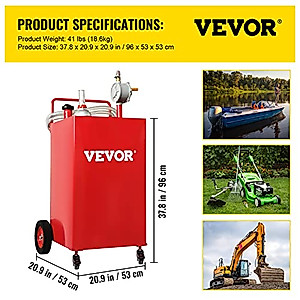 VEVOR 30 Gallon Fuel Caddy, Gas Storage Tank & 4 Wheels, with Manuel Transfer Pump, Gasoline Diesel Fuel Container for Cars, Lawn Mowers, ATVs, Boats, More, Red