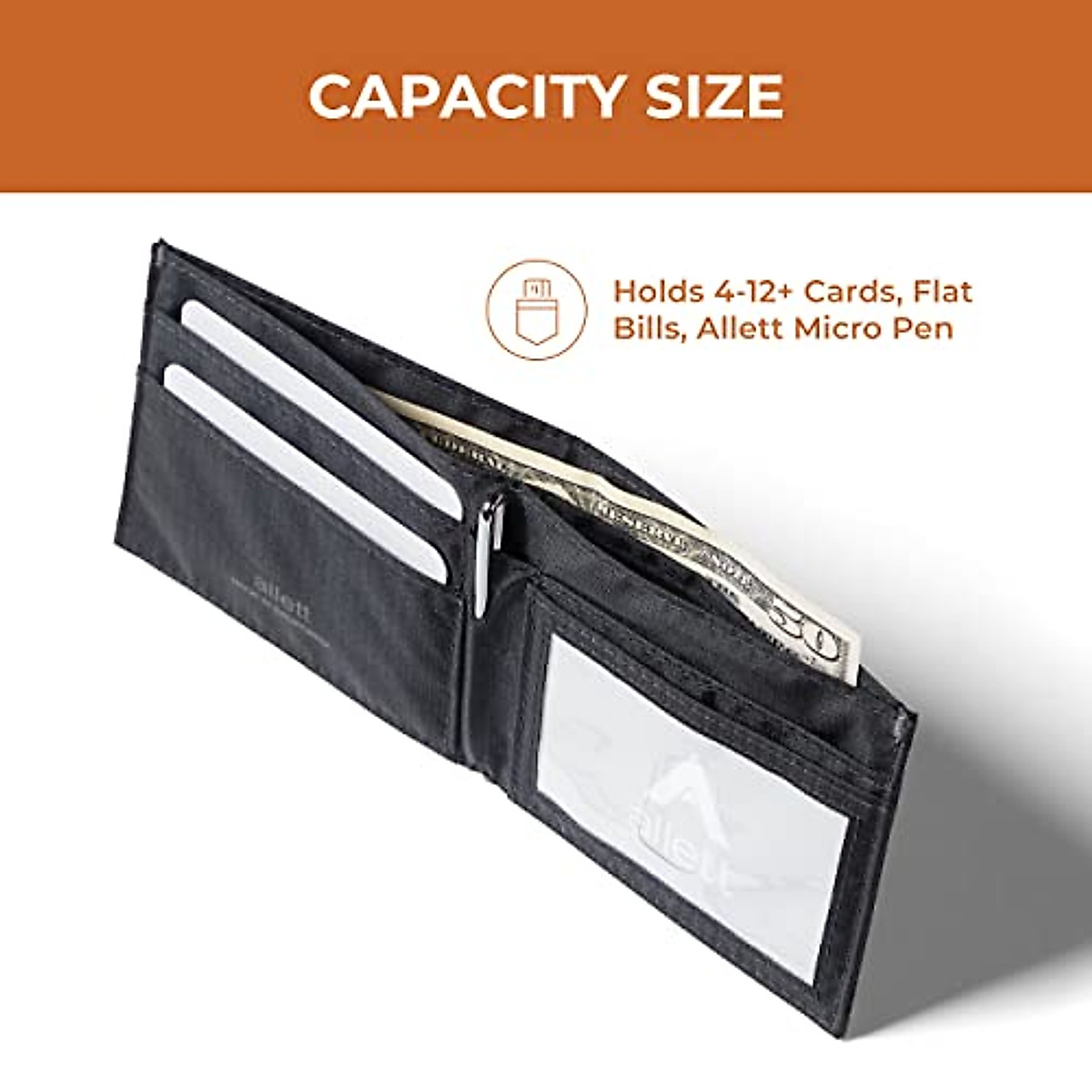 Allett ID Wallet, Jet Black | Nylon, RFID Blocking | Slim Minimalist Bifold Wallet, Water Resistant, Durable, Thin, Front Pocket | Holds 4-12+ Cards, Cash | Made in the USA
