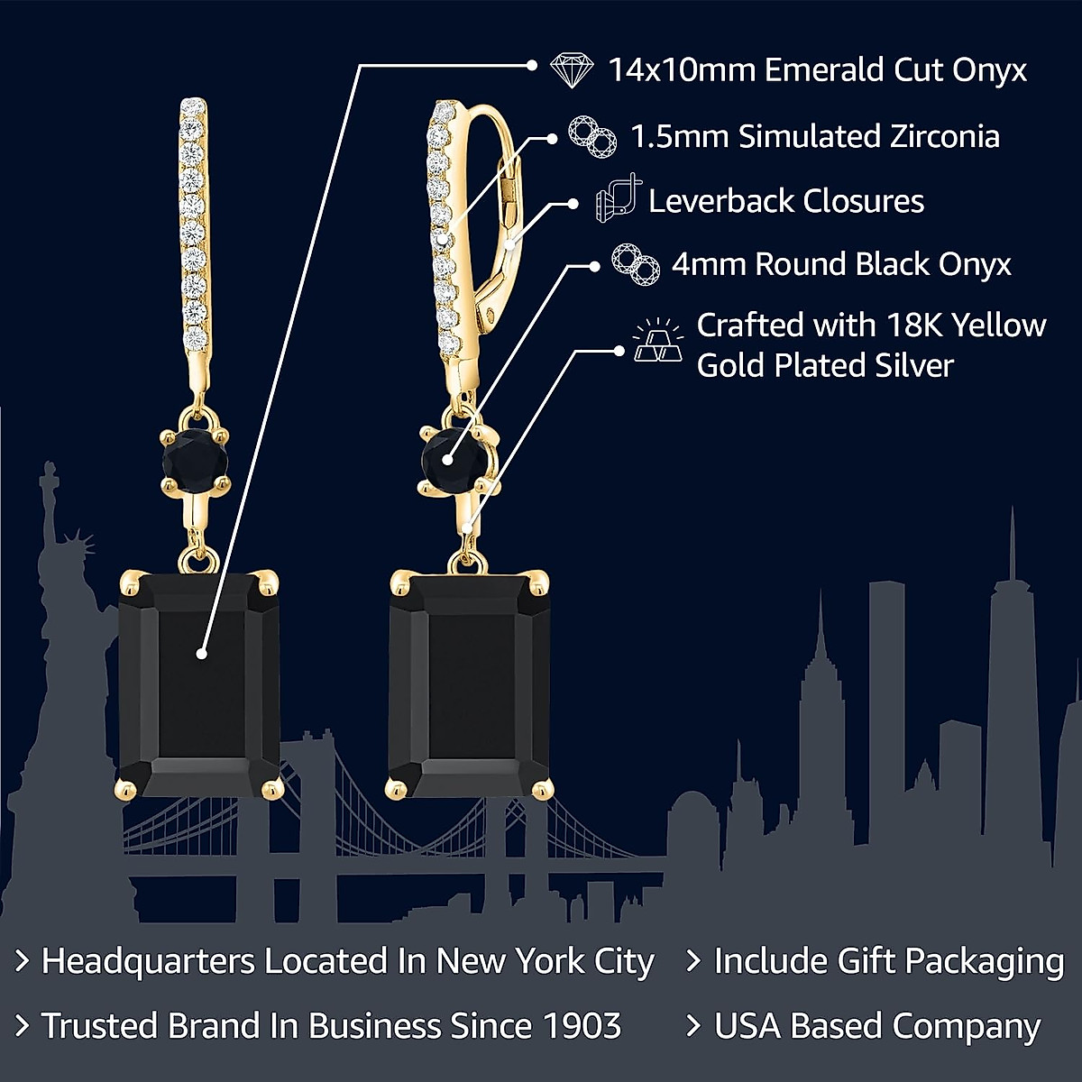 Gem Stone King 18K Yellow Gold Plated Silver Black Onyx Earrings For Women (13.94 Cttw, Gemstone Birthstone, Emerald Cut 14X10MM)