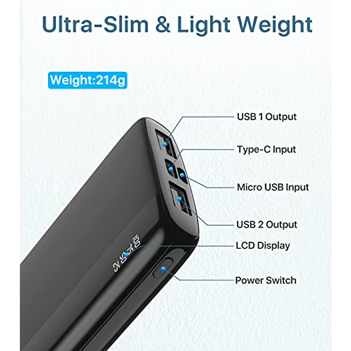 Portable Charger, 12000mAh Dual USB Power Bank with LED Display, Fast Charging Slim External Battery Pack Compatible with iPhone, Samsung Galaxy, Pixel, iPad and More - Black