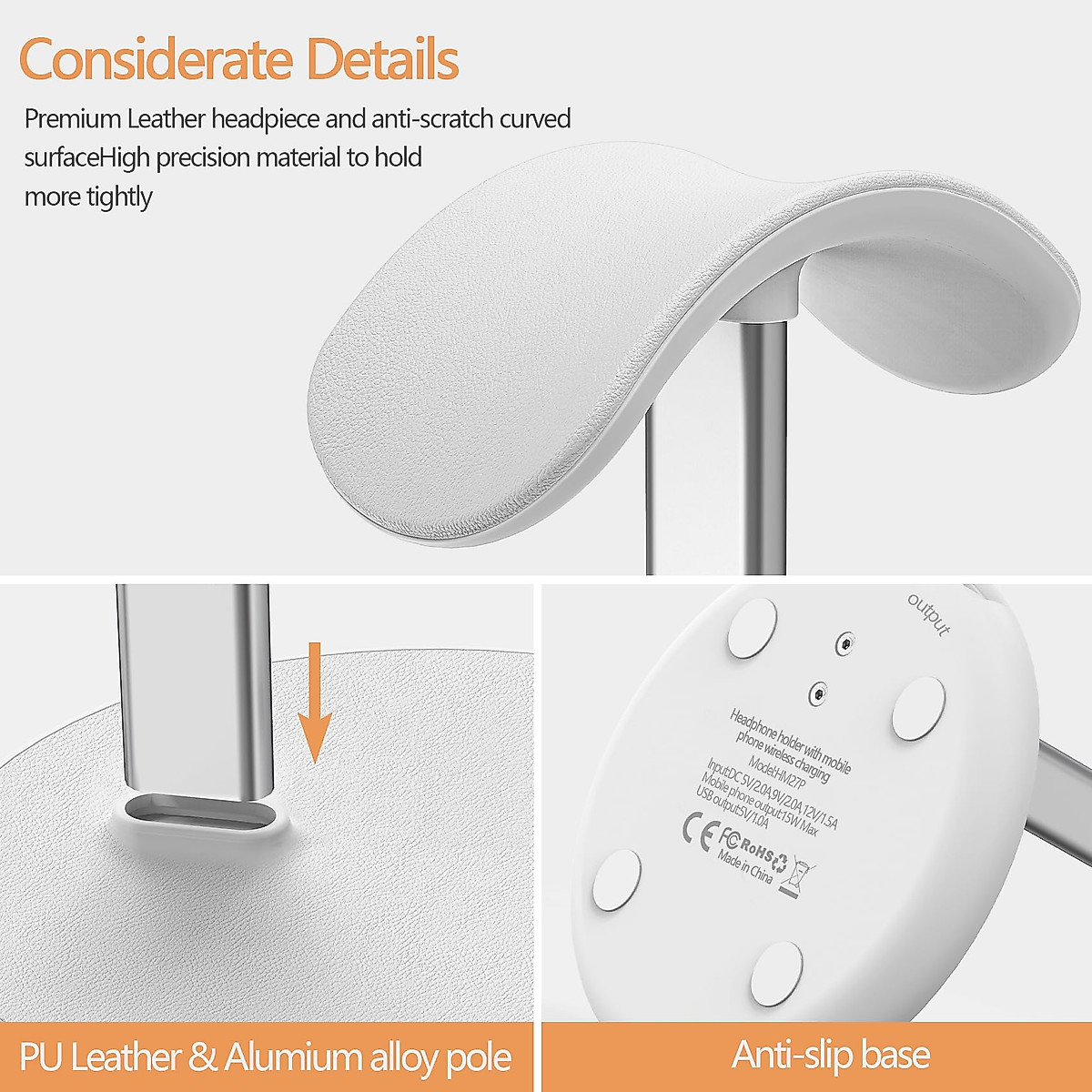 Headphone Stand with Wireless Charger, Gaming Headset Holder Hanger Rack 2 IN 1 Wireless Charging Station Dock for iPhone 15/14/13/12/11 Series, Samsung, AirPods Pro/3/2 and Desk All Headphones, White