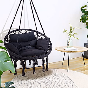 KROFEM Macrame Hammock Hanging Swinging Chair, Perfect for Bedroom, Porch, Kids, Adults, Balcony with Thick Cushion Black (Ceiling Mounting Hardware Not Included)