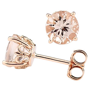 Solid 14k Rose Gold Morganite Fleur-de-lis Stud Earrings (4.5mm Morganite)