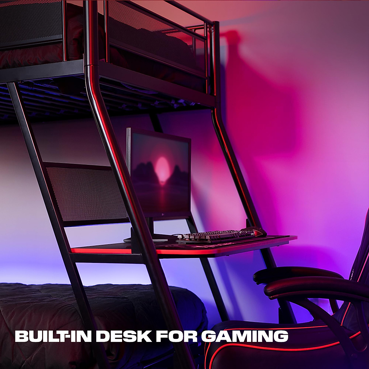 X Rocker Armada Gaming Bunk Bed, Durable Metal Frame, Built-in Gaming Desk, Safe Ladder, Grid Mesh Sides, 7000301, 95.6" x 41.5" x 64.2", Twin Over Twin, Black