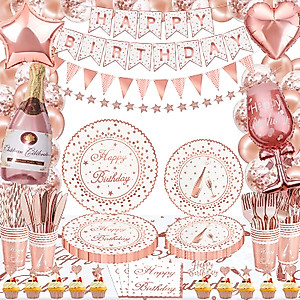 229 Pack Rose Gold & White Party Supplies Rose Gold Birthday Party Decorations Happy Birthday Dinnerware Set Rose Gold Paper Plates, Balloons, Tableclothes, Banner, Garland, Napkin, Cups Serves 20