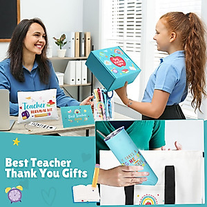 FoldTier Teacher Appreciation Gifts Thank You Best Teacher Gift for Women Canvas Tote Bag 20 oz Tumbler Scented Candle Thank You Appreciation Week Themed Retirement Basket Ideas(Blue,Novel)