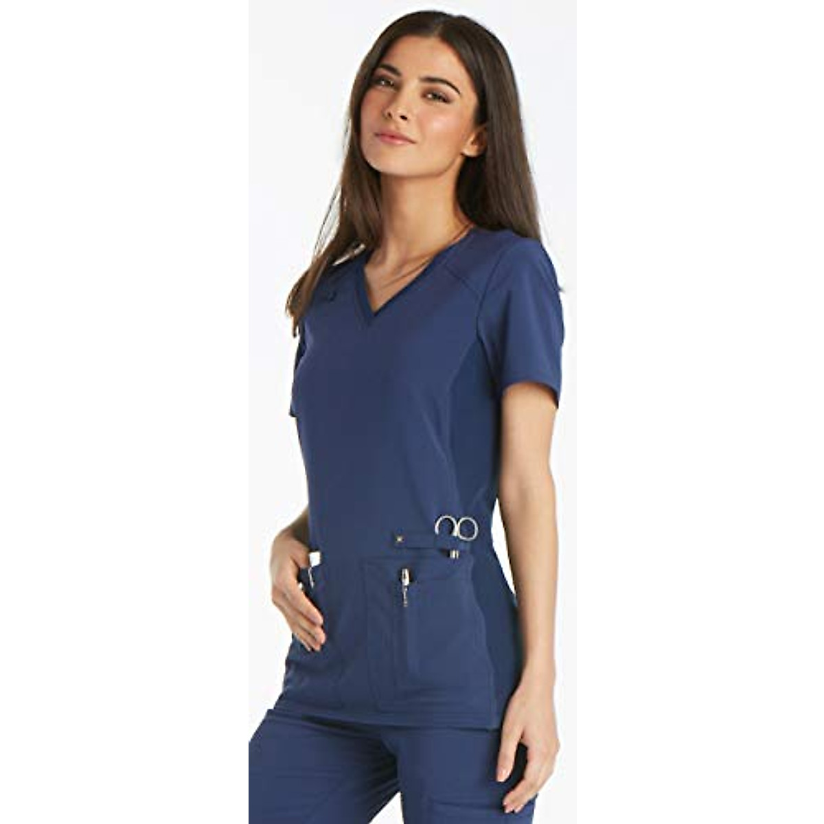 Iflex Scrubs for Women V-Neck Top with Stretchy Knit Side Panels CK605, M, Navy