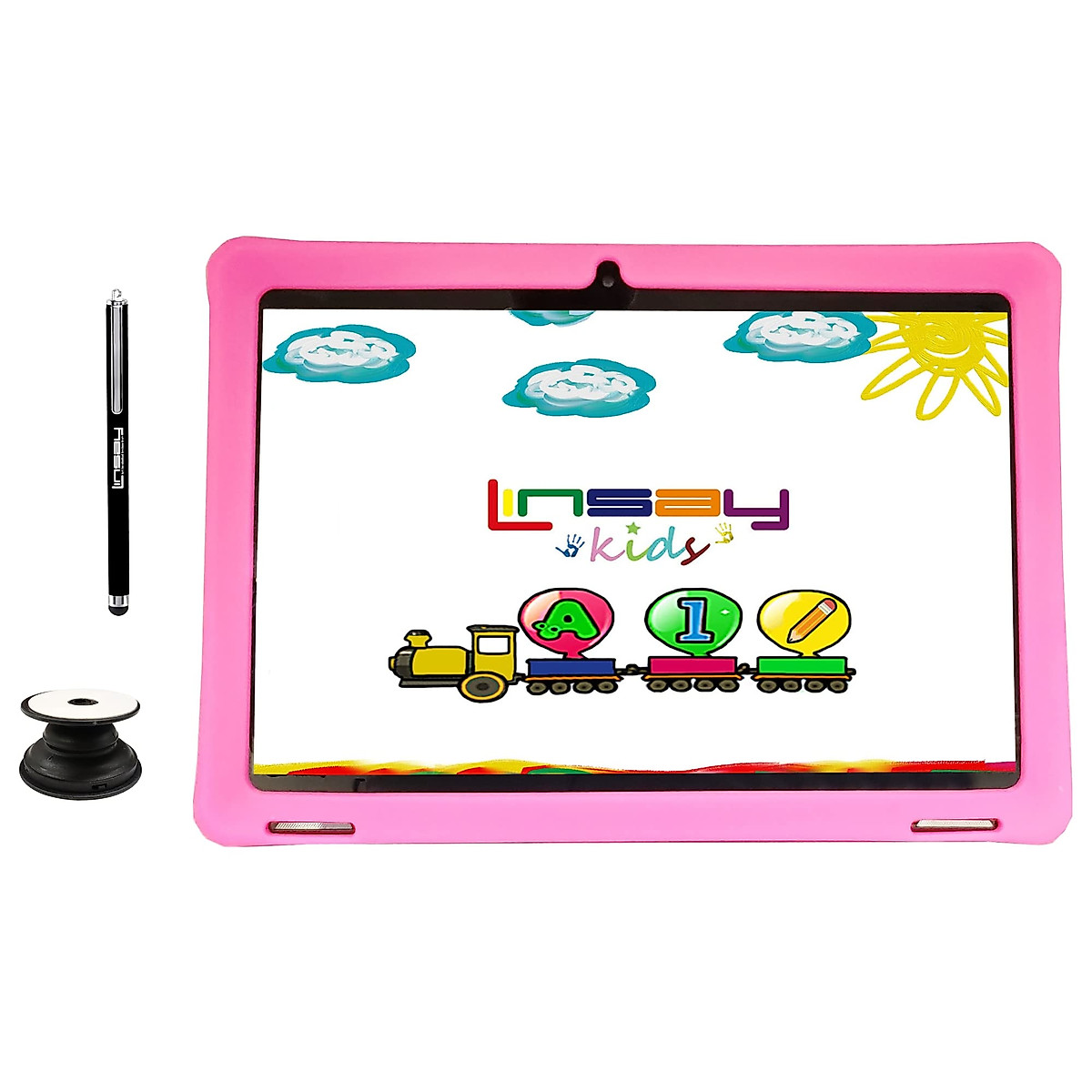 LINSAY 10.1" 1280x800 IPS 2GB RAM 64GB Android 13 Tablet with Kids Pink Defender Case, Backpack, Pop Holder and Pen Stylus