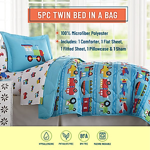 Wildkin Kids 5 Pc Twin Bed In A Bag for Boys and Girls, Microfiber Bedding Set Includes Comforter, Flat Sheet, Fitted Sheet, One Pillow Case and One Sham (Trains, Planes, and Trucks)