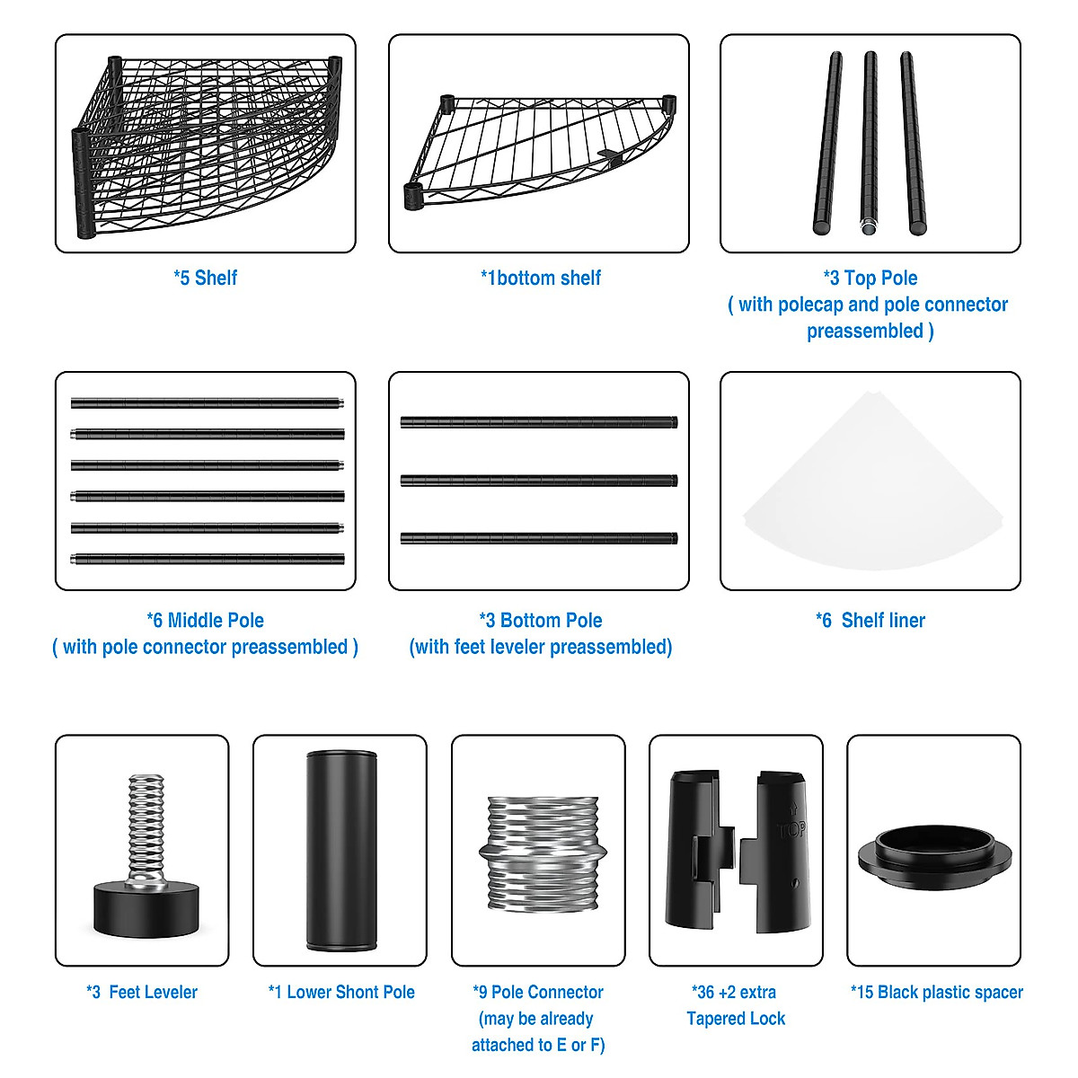 Adjustable 6-Tier Corner Wire Shelving Unit with Waterproof Liners, Heavy Duty 420 lbs Total Capacity - Ideal for Kitchen, Garage, and Office Storage - Rust Resistant and NSF Certified - Black