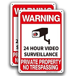 Video Surveillance 2 Pack Private Property No Trespassing Signs, CCTV Security Camera, 10x7 in Heavy 0.40 Aluminum, UV Protected, Business, Driveway Alert (Style 1 10X7 2 Pack)