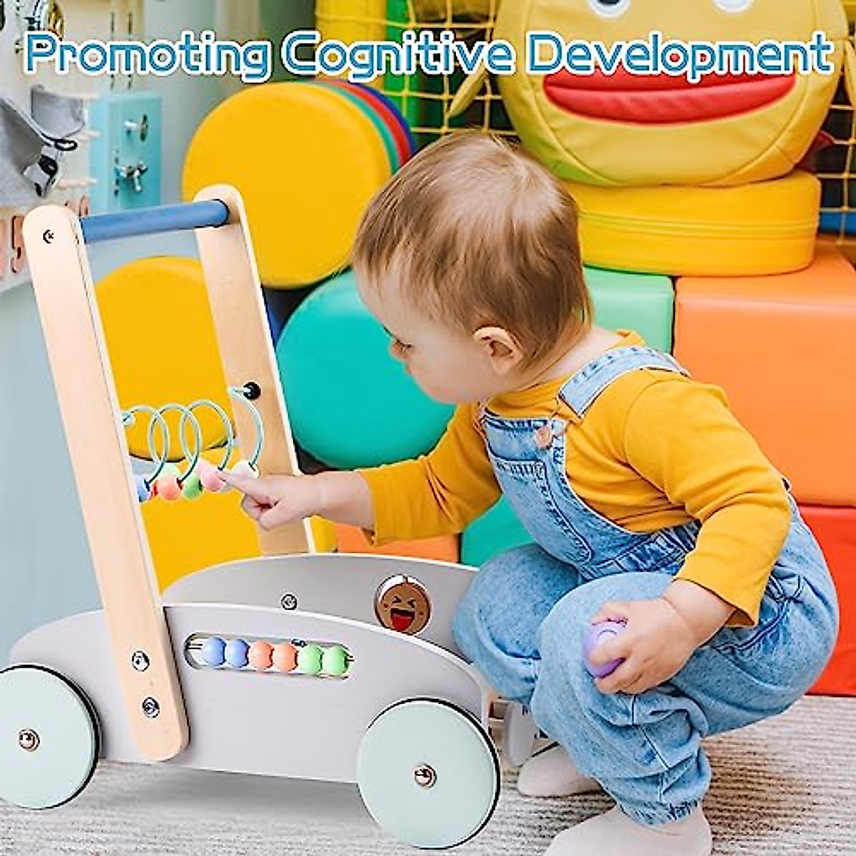 Wooden Baby Walker, Push Toys for Babies Learning to Walk,Shopping Cart for Kids Garden Wagon and Play Set with Abacus Blocks Push and Pull Learning Walking Educational Gift for Toddler Boy Gir 2 3