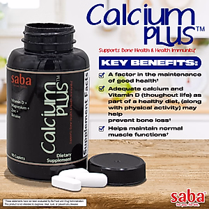 Saba Calcium Plus - Bone Strength - Calcium, Magnesium, Potassium, Vitamin D, Zinc, Betaine - GMO, Soy, Gluten Free Ingredients - Whole Food Supplement for Bone Health, Immune - 90 Caplets