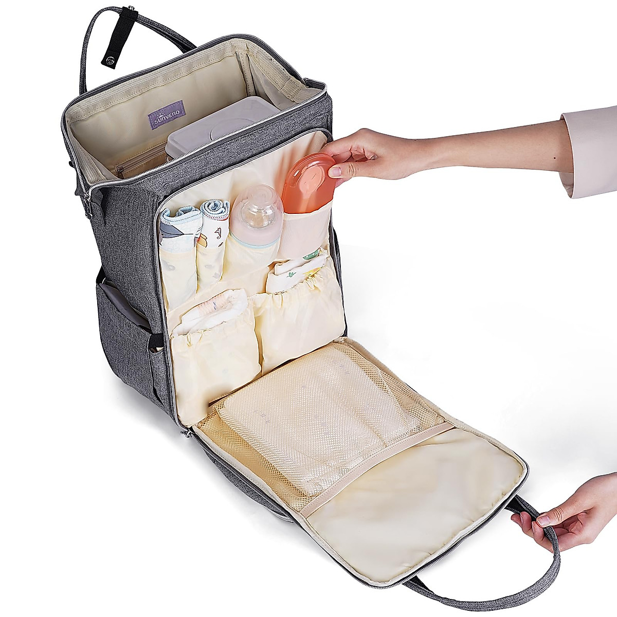 SUNVENO Baby Diaper Bag Backpack, Large Capacity Travel Backpack with Portable Changing Pad for Moms Dads, Grey