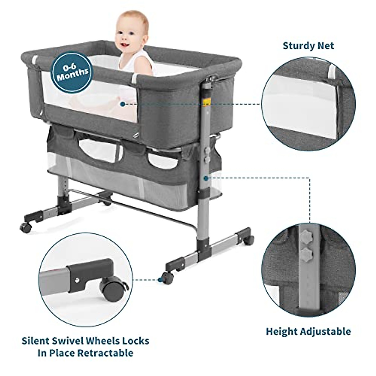 nordmiex Bedside Sleeper Bedside Crib, Baby Bassinet 3 in 1 Travel Baby Crib Baby Bed with Breathable Net,Adjustable Portable Bed for Infant/Baby(Deep Grey)