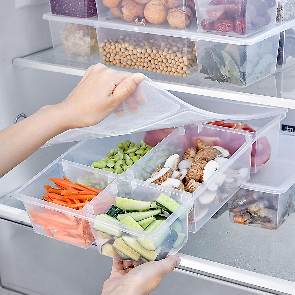 EATHEATY 3 Pack Divided Veggie Tray with Lid, 5 Compartment Plastic Snackle Box Container Salad Bar Container for Fridge, Tray Travel Food Storage Containers for Snack, Fruit, Vegetable, Salad, Meat