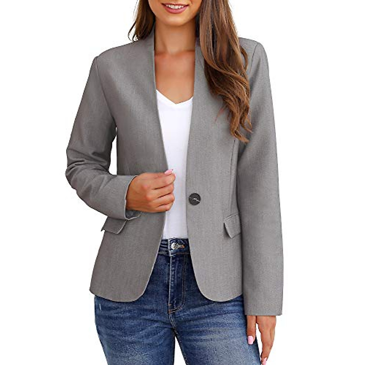 GRAPENT Women's Grey Business Casual Pockets Work Office Button Back Slit Long Sleeves Blazer Lightweight Jacket Suit Size Small US 4-6
