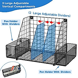 Magazine Holder Rack, Vertical Desk File Organizer,Metal Mesh Folder Binder Holder with 3 Adjustable File Compartments 2 Pen Organizers, Paper File Rack Home Office Desk Organizers and Accessorie