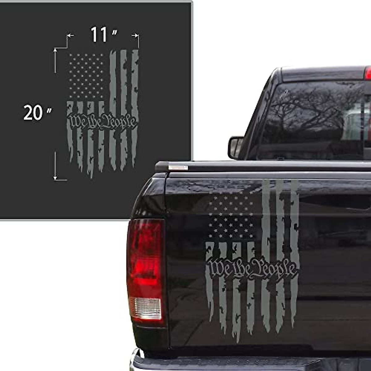 Greenyef Graphics We The People Distressed American USA Flag Truck Tailgate Vinyl Decal Preamble of The US Constitution fits Most Pickup Trucks - Rear Car Sticker (11" x 20", Gray)