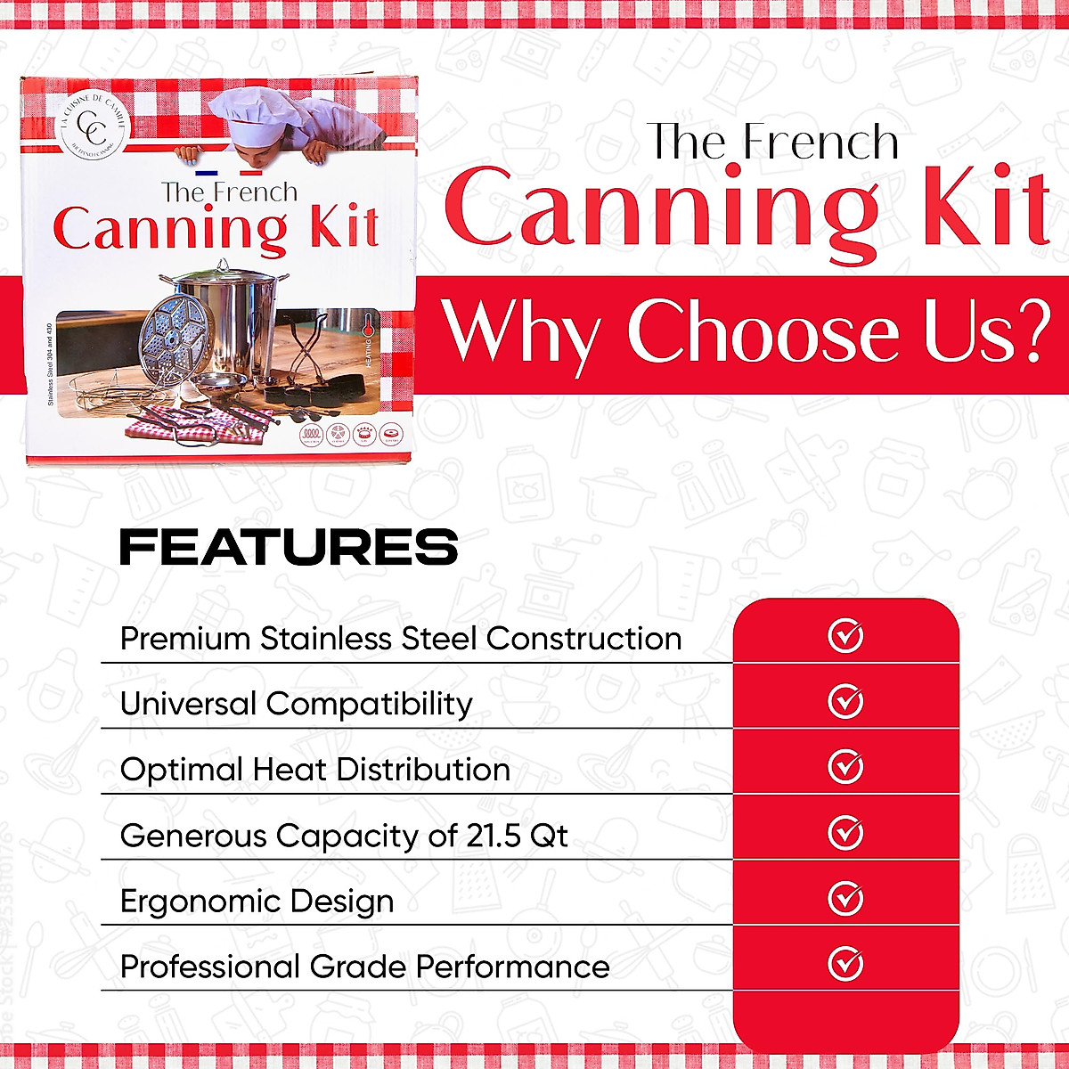 Canning pot with rack and lid - Water bath canner for canning - Complete premium canning kit with large Pot 21.5 Qt in stainless steel 304 - The French canning kit by La Cuisine de Camille