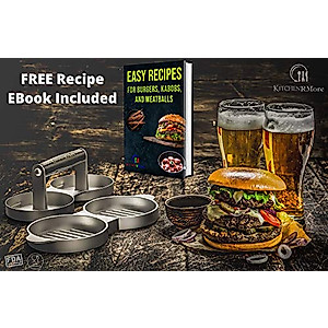 Kitchen RMore Double Burger Press + Kabob Maker + Meatball Shaper + 40 Patty Paper + Recipe EBook | Non-Stick Aluminum Hamburger Press Patty Maker for Perfect Meat Patties, Beyond Burger