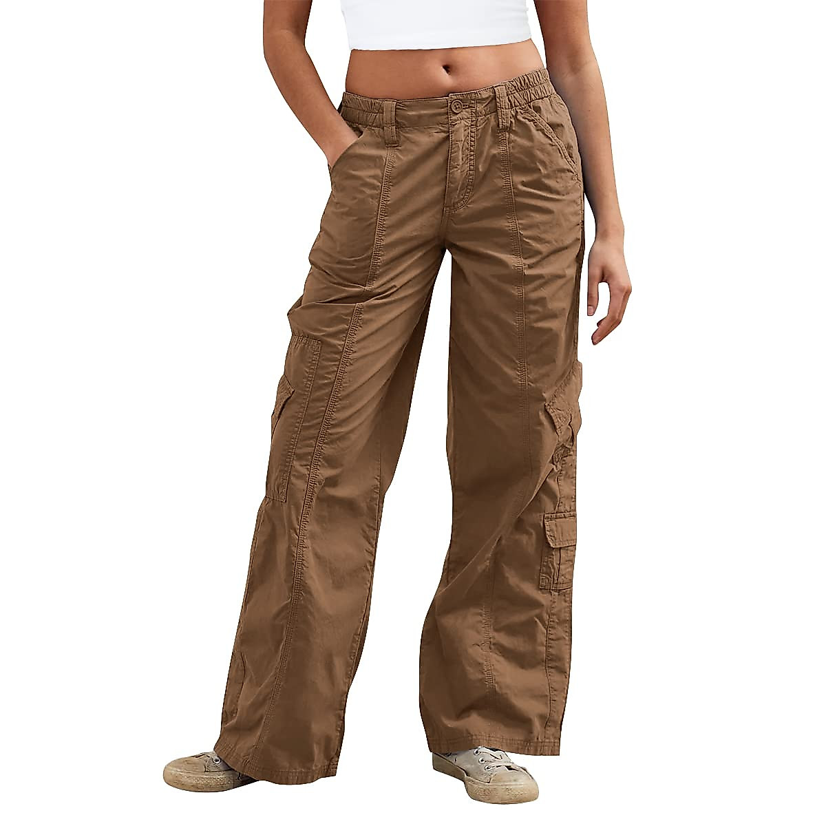 AUTOMET Women Casual Pants Baggy Cargo Pants Low Waist Jeans y2k Parachute Pants 90s Aesthetic Clothes Wide Leg Trousers Gothic Utility Track Pants Brown
