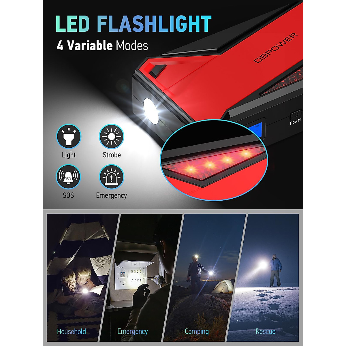 DBPOWER Peak 2000A 18000mAh Portable Car Jump Starter (up to 7.2L Gas, 5.5L Diesel Engine) Battery Booster with Smart Charging Port, Compass, LCD Screen and LED Light (Black/Red)