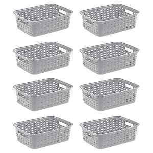 Sterilite 11 Inch Small Weave Open Bin Wicker Storage Basket Home Organizer Tote for Countertops, Bookshelves, and Closets, Cement, 8-Pack