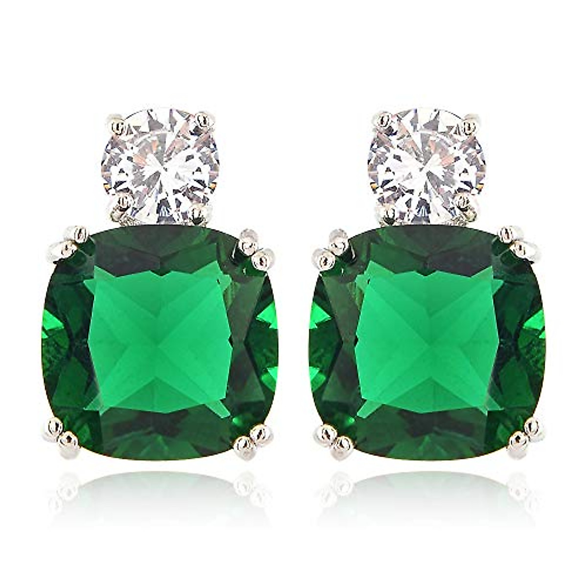 [RIZILIA CLASSIC] Stud Pierced Earrings with Cushion Cut Gemstones CZ [Green Emerald] in 18K White Gold Plated, Simple Modern Elegant
