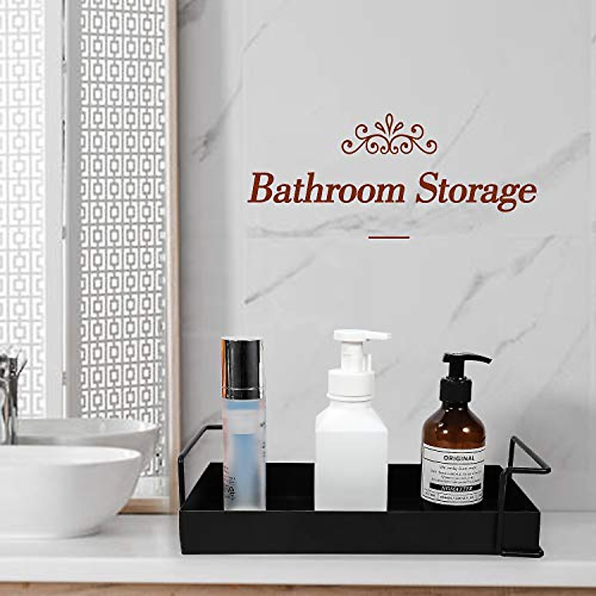 GDGDTOO Bathroom Tray for Counter,Metal Countertop Organizer Decorative Tray,Toilet Tank Storage Tray,Black Vanity Organizer for Tissues,Candles,Soap,Towel,Plant