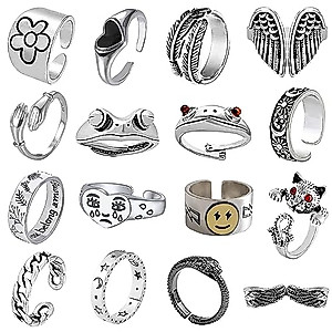 Aogrzun 16 Pcs Cool Silver Plated Frog Open Rings Set, Vintage Matching Rings, Cute and Stylish, Snake, Hug, Moon and Sun Rings for Couples for Women Men