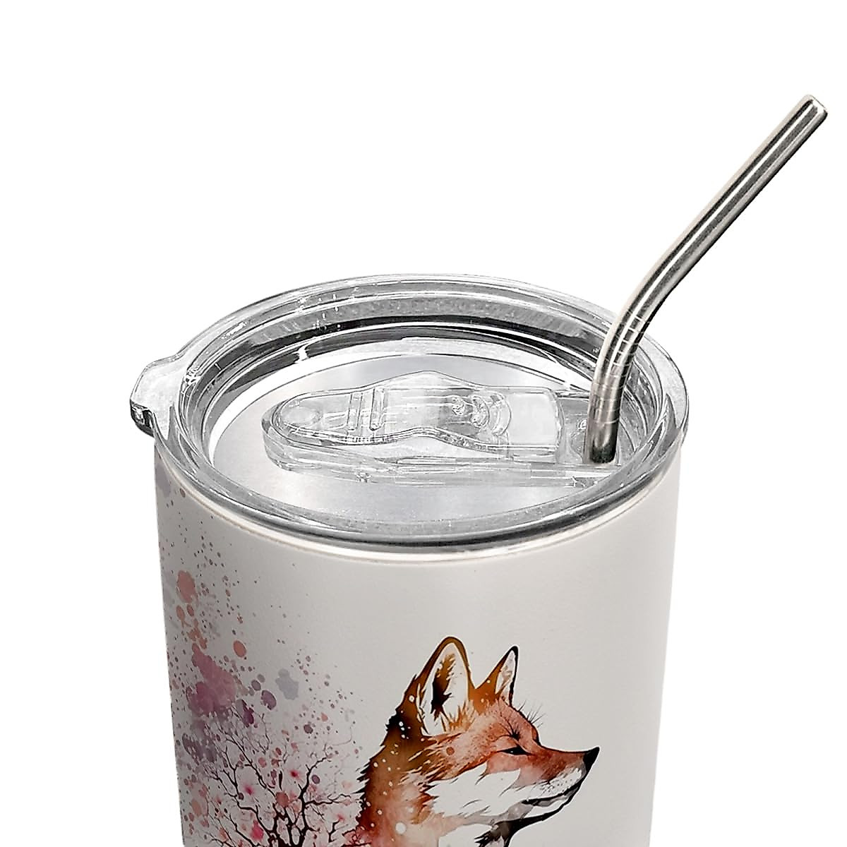 20oz Spring Cherry Blossom Fox Tumbler, Gifts for Fox Lovers, Coffee Thermos for Women, Stainless Steel Double Wall Vacuum Insulated Coffee Mug, Travel Cup with Lid