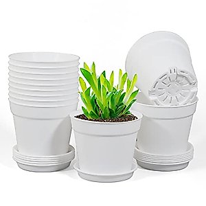 Olisx 12 Pack 4 inch Plastic Planters, Seedlings Plant Nursery Pots with Drainage Holes and Saucers for Plants Flowers Succulent and All House Plants, White