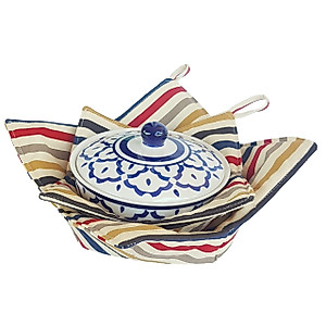 CUSHYSTORE 2 Bowl Cozies Canvas Holders Heat and Cold Resistant Anti-Scalding Protector 8.5" Large 7.5" Small (Retro Stripe)