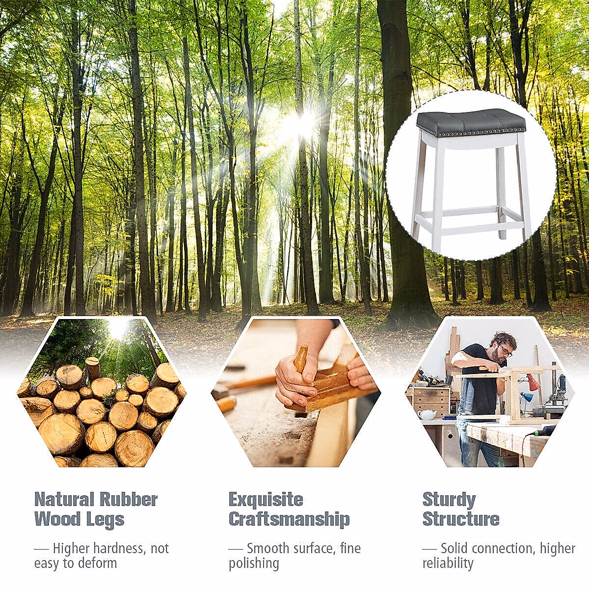 ERGOMASTER Bar Stools Set of 2-24 Inch Counter Stools Height Solid Wood Legs Espresso with Gray PU Cushion for Kitchen Living Room and Bar - White Legs