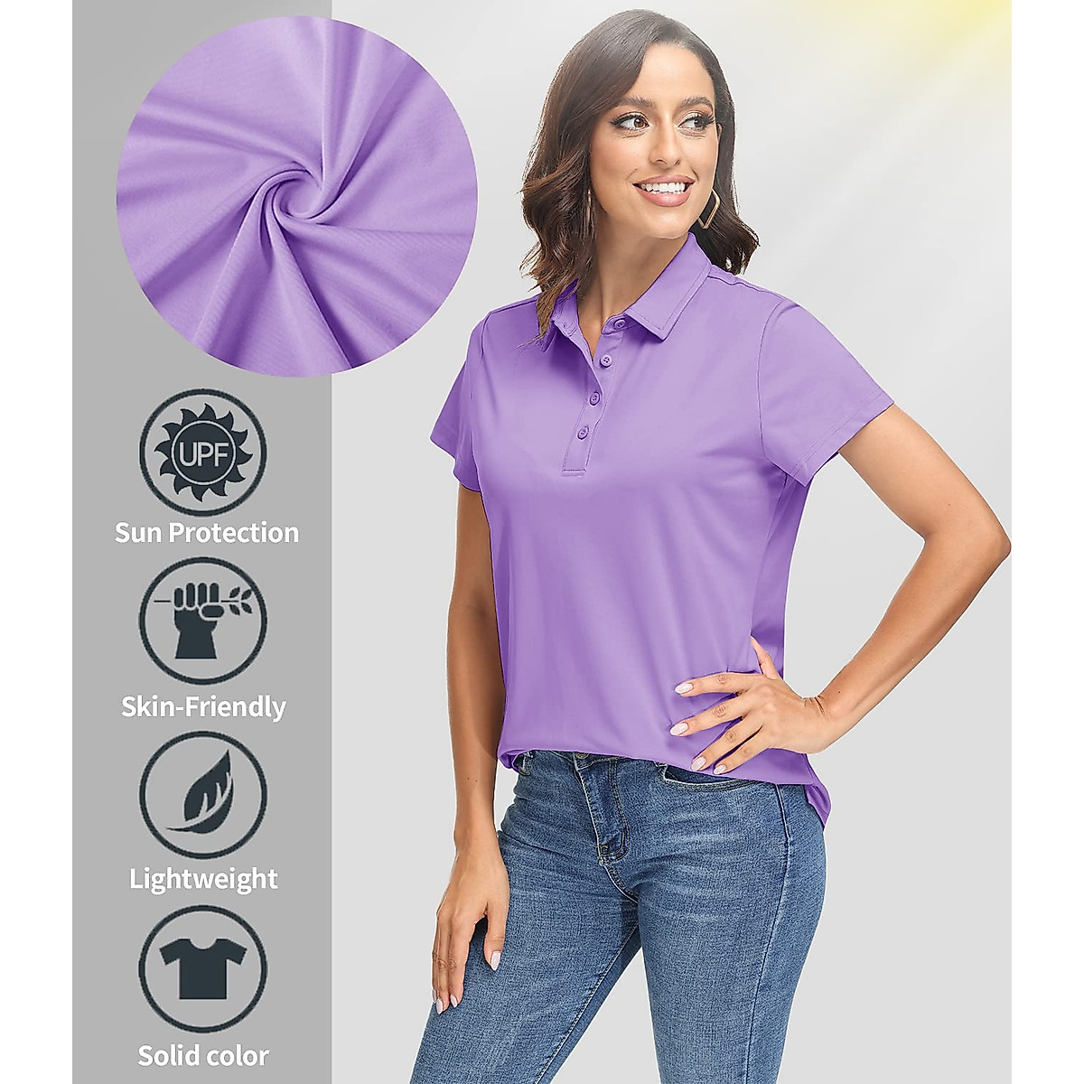 TACVASEN Women's Collared Shirts Short Sleeve UV Protection Sun Shirts Quick Dry Work Shirts Casual Shirts Womens Golf Shirt Light Purple