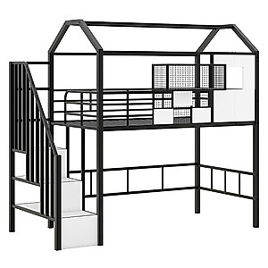Twin Loft Bed with Storage Stairs, Roof, Window and Guardrail, House Loft Bed Twin Size/Metal Loft Bed with Storage Box, Twin Loft Bed for Kids, Girls Boys, Twin Size House Loft Bed Black