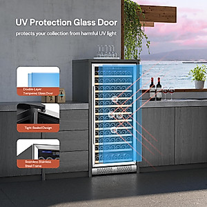 Empava 24" Refrigerator 127 Bottles Single Zone Built in or Freestanding Compressor Fridge Chiller Wine Cooler with Wood Shelves, 24 Inch, Stainless Steel