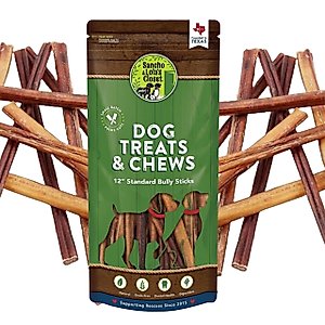 Supreme 12-inch Standard Bully Sticks by Sancho and Lola’s (5 Pack) All-Natural, Long-Lasting Dog Chew Treats - Free-Range, Grass-Fed Beef - Low Odor